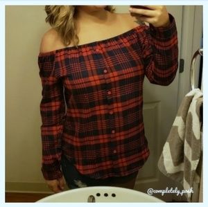 Tops | Closeoutred Off Shoulder Flannel Shirt | Poshmark